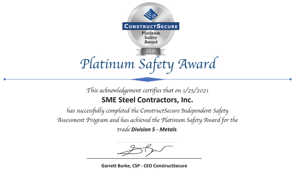 SME Steel Contractors, Inc. Earns ConstructSecure Platinum Safety Awar